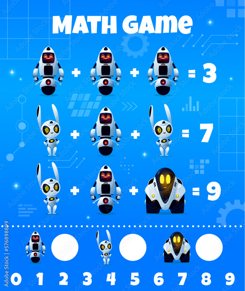 Vecteur Stock Cartoon droids and robots on math game worksheet, vector ...