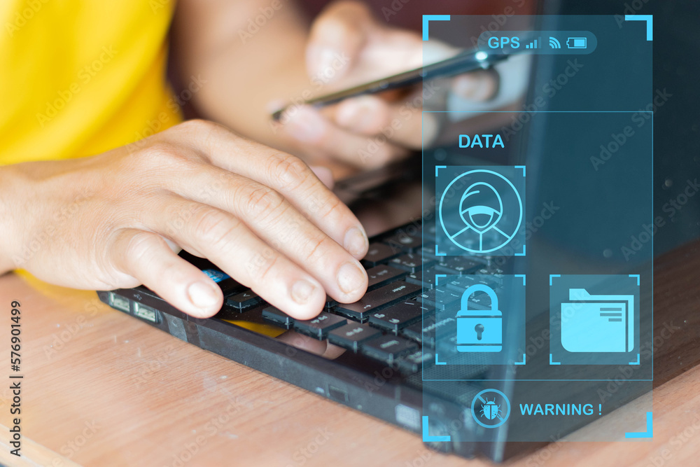 Mobile hacker and computer cyber security, online data breach or ...
