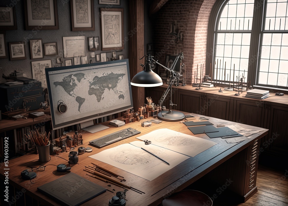 design studio with drafting tables and design software, with a theme of ...