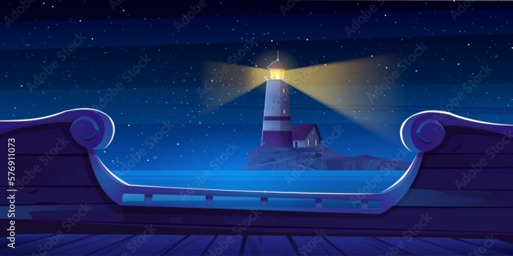 Sea night landscape with lighthouse on island, ship deck view. Cartoon ...