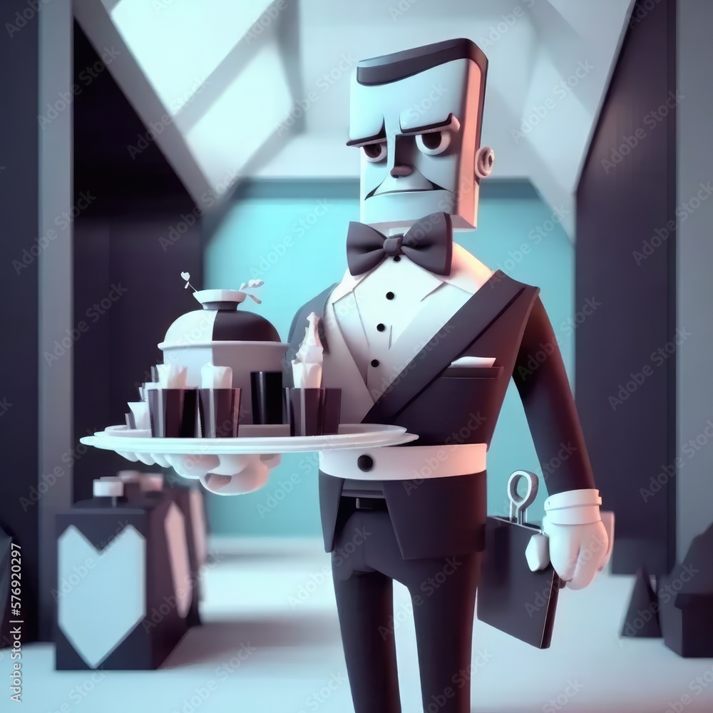 robot butler carrying a tray of refreshments in a luxurious mansion ...