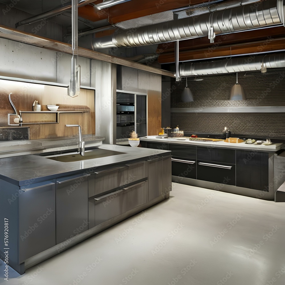 An industrial style kitchen with concrete countertops and exposed ...