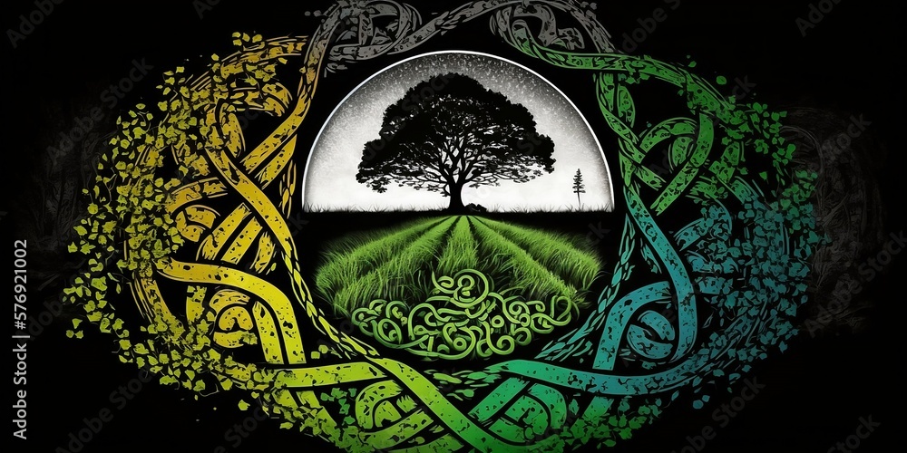 Irish Tree of Life with Celtic Knot with rainbow colors in a field for ...