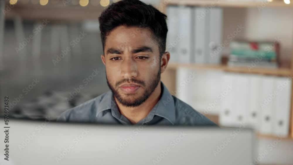 Man, office and thinking by computer in night for idea, vision and ...