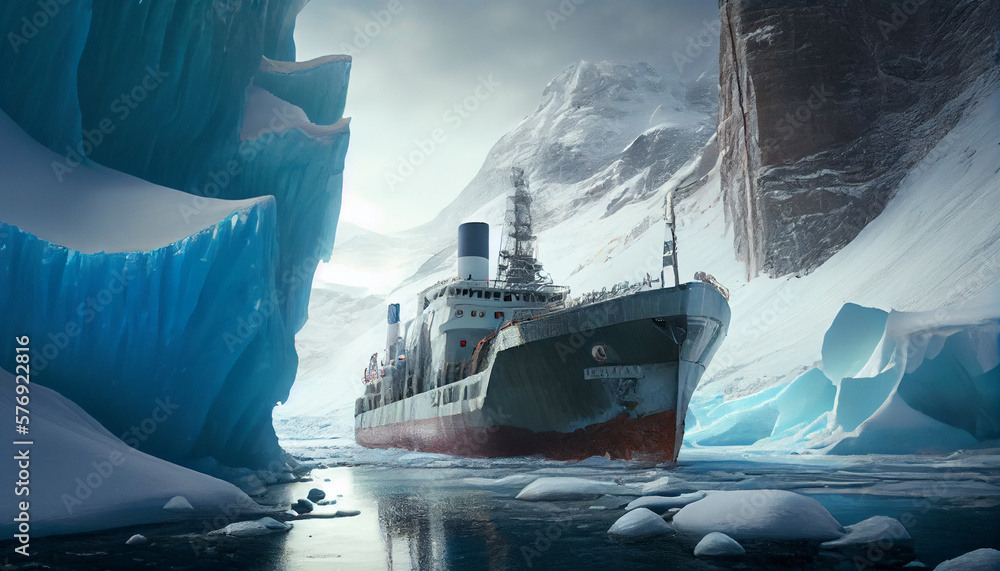 Cargo ship driving through frozen sea. Dark waters with ice blocks ...