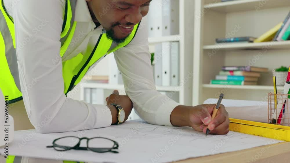 Black man, engineer and architect planning blueprint in office or floor ...