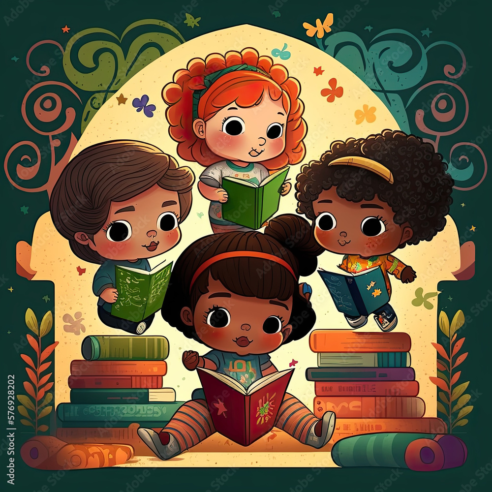 Girls and boys sitting reading books, cartoon style, generative AI ...