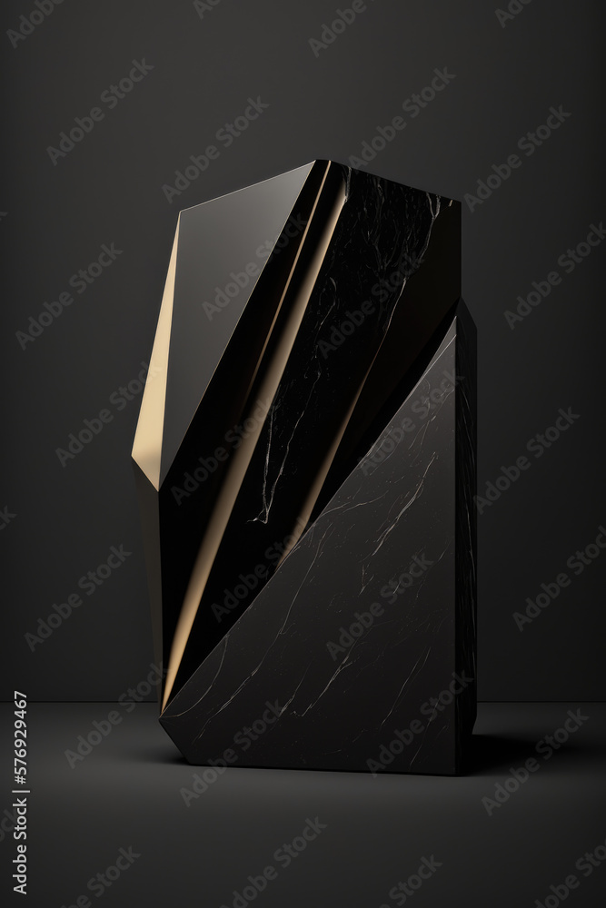 shiny black trapezoid with intricate lines built from sandstone podium ...