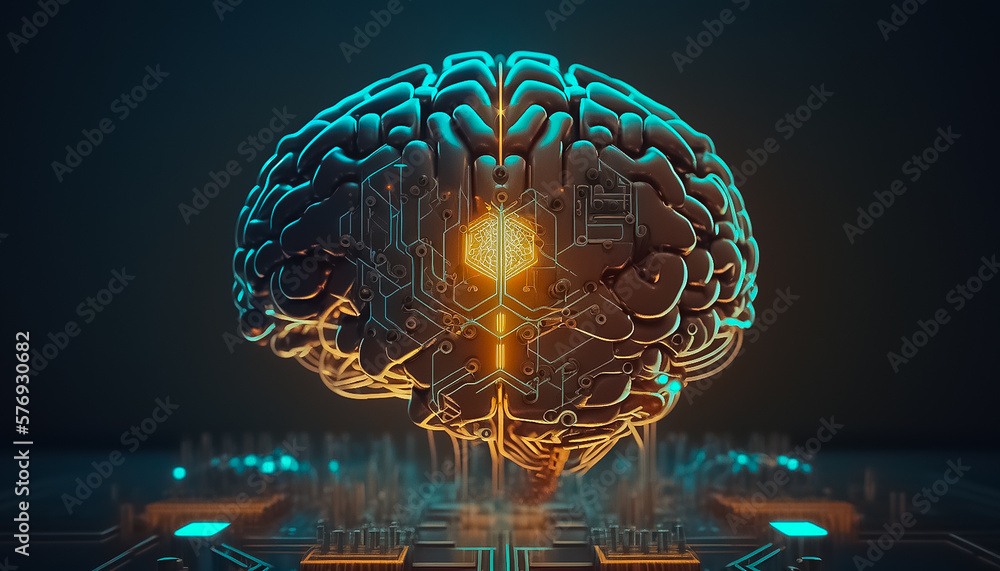 Human brain on technology background represent artificial intelligence ...