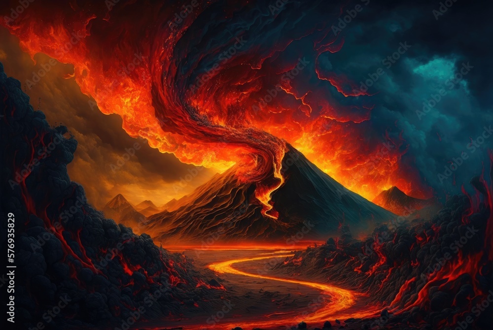 Infernal underworld of brimstone and fire, dramatic volcano eruptions ...