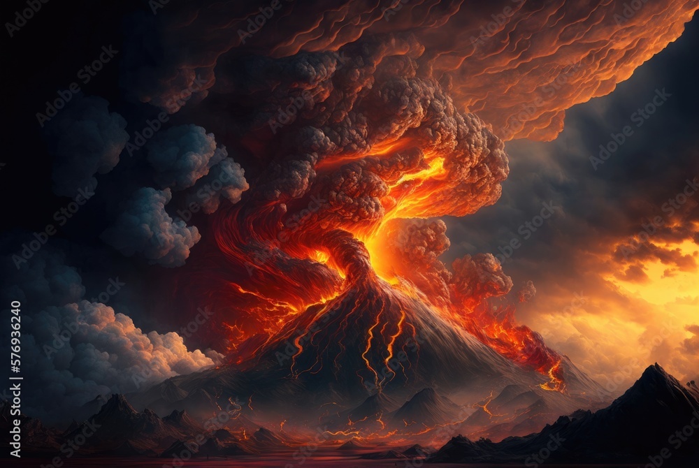 Infernal underworld of brimstone and fire, dramatic volcano eruptions ...