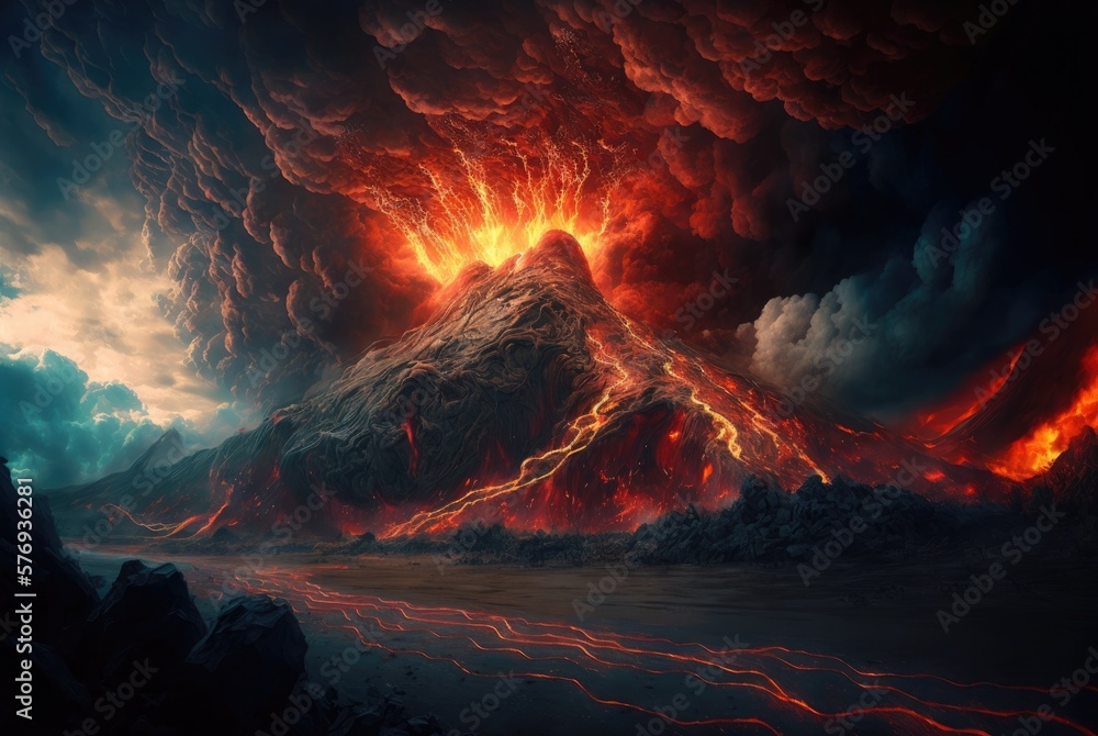 Infernal underworld of brimstone and fire, dramatic volcano eruptions ...