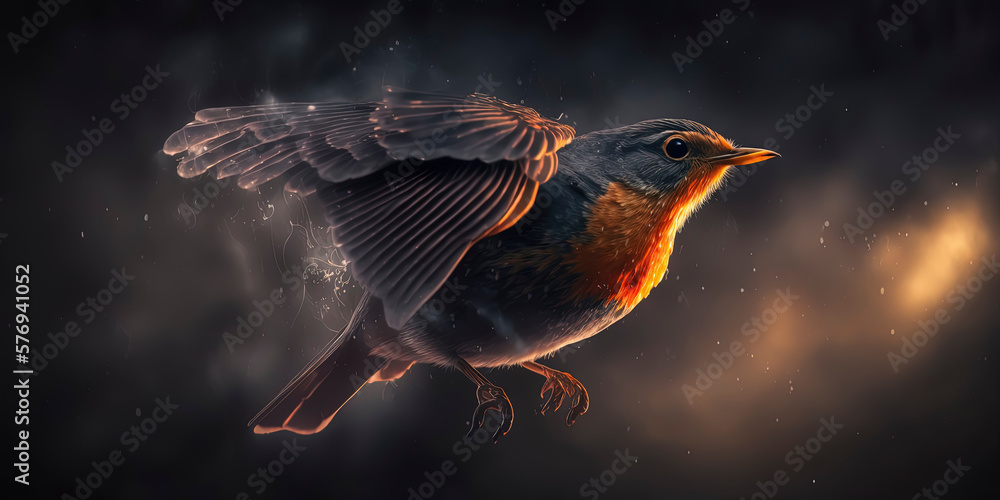 wildlife photography of a robin bird in the sky. wings fading into ...