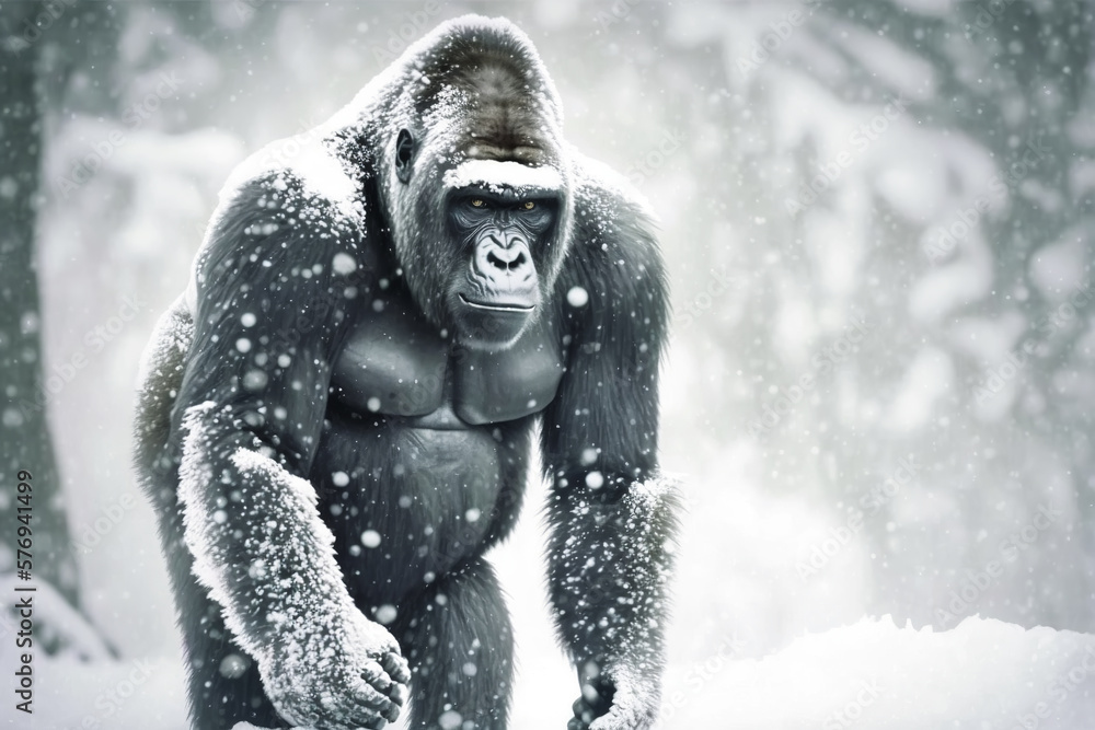 African gorilla outdoors in winter. Tropical monkey in snowfall cold season. Created by ...