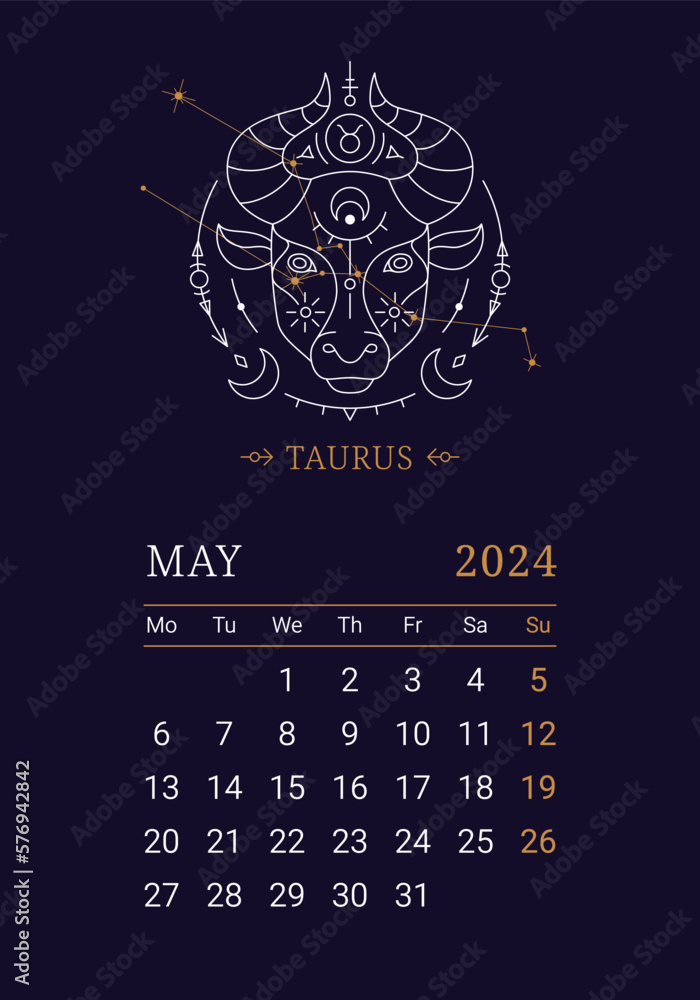 2024 Astrology wall monthly calendar with Taurus zodiac sign. May ...