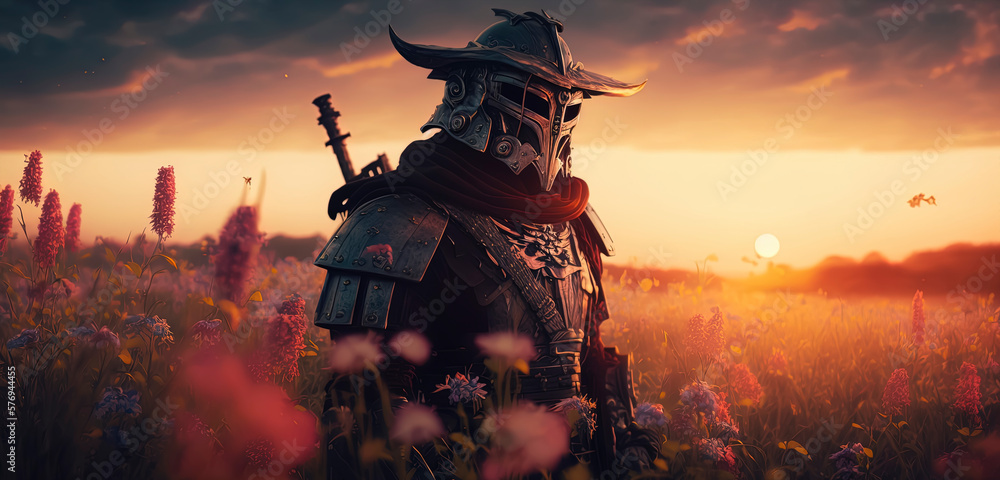 dark sunset over the field of flowers make from colorful grass chops ...