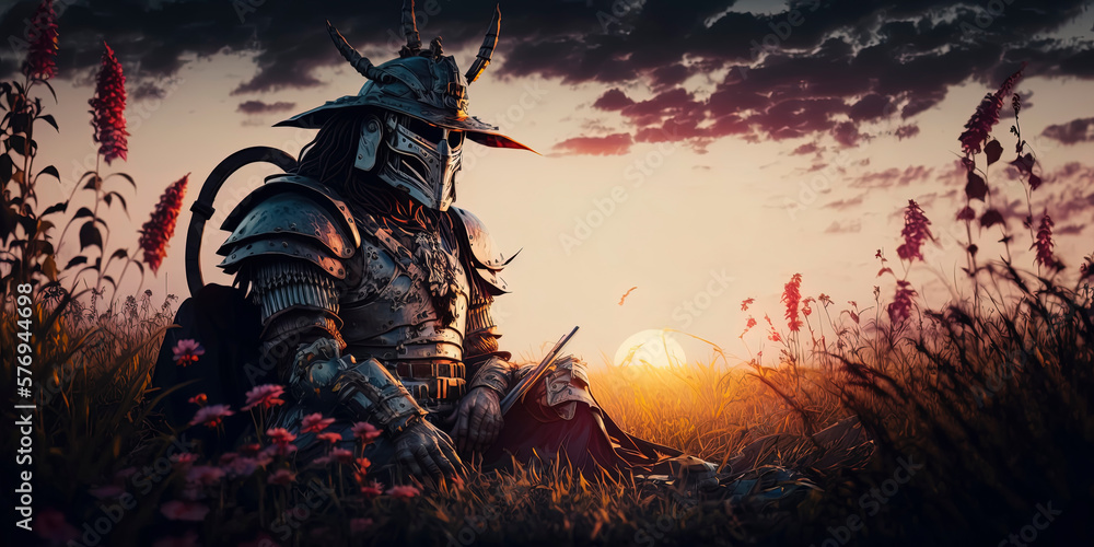 dark sunset over the field of flowers make from colorful grass chops ...