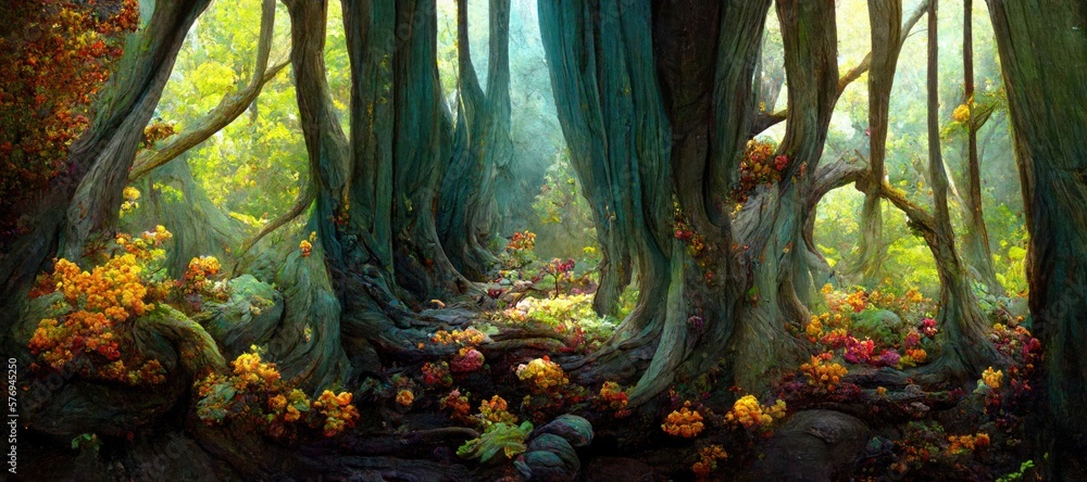 imaginative fantasy forest, foggy clouds, enchanted ancient oak trees ...
