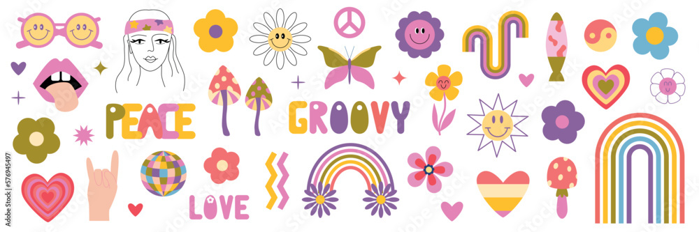 Retro 70s Groovy Hippie set. Y2k. Retro vibes. Groovy daisy flowers ...