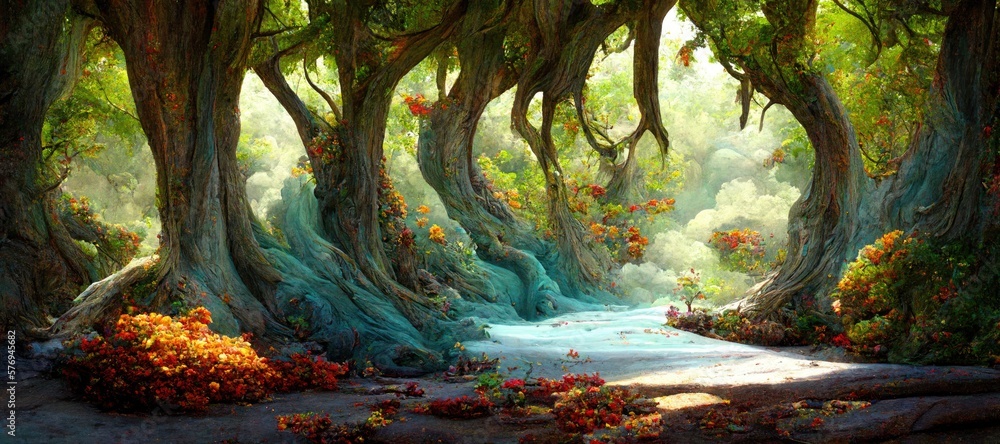 imaginative fantasy forest, foggy clouds, enchanted ancient oak trees ...