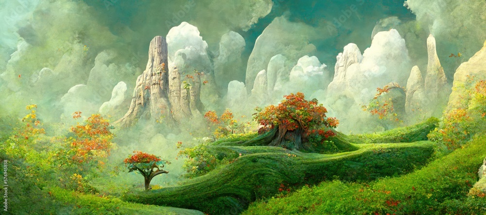 imaginative fantasy forest, foggy clouds, enchanted ancient oak trees ...