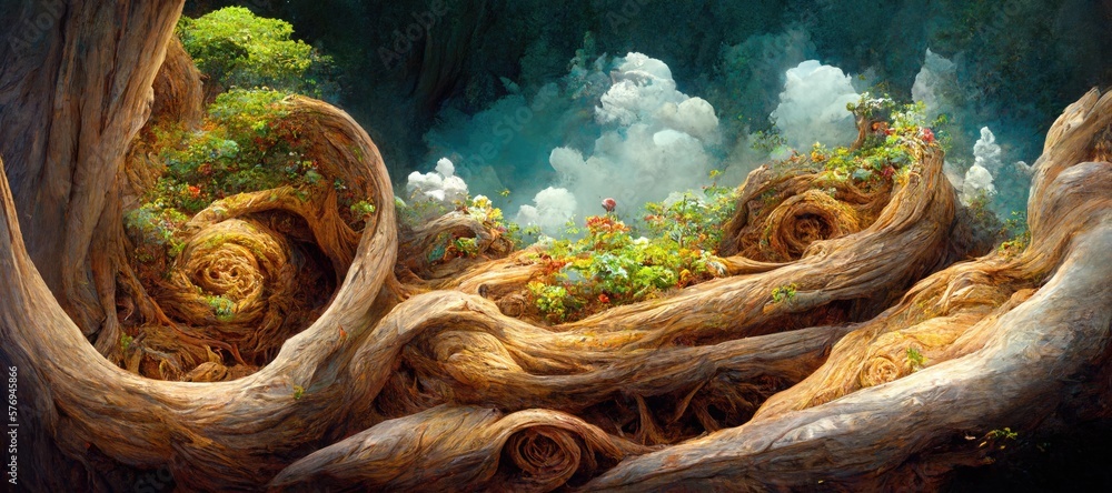 imaginative fantasy forest, foggy clouds, enchanted ancient oak trees ...
