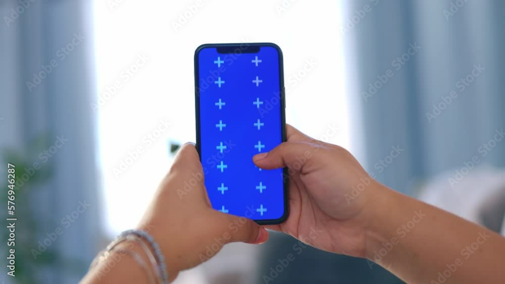 Tracking markers, green screen and phone with hands of woman for ...