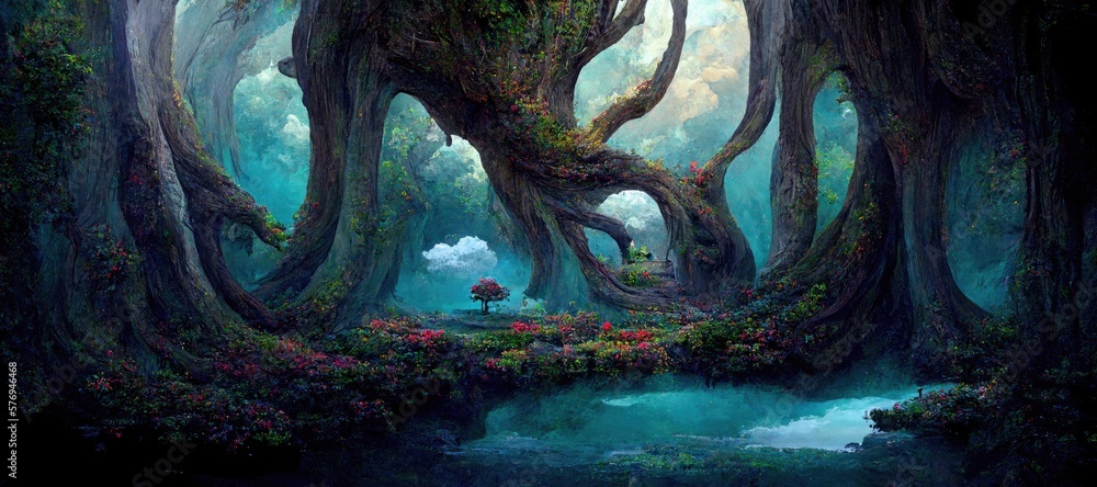imaginative fantasy forest, foggy clouds, enchanted ancient oak trees ...