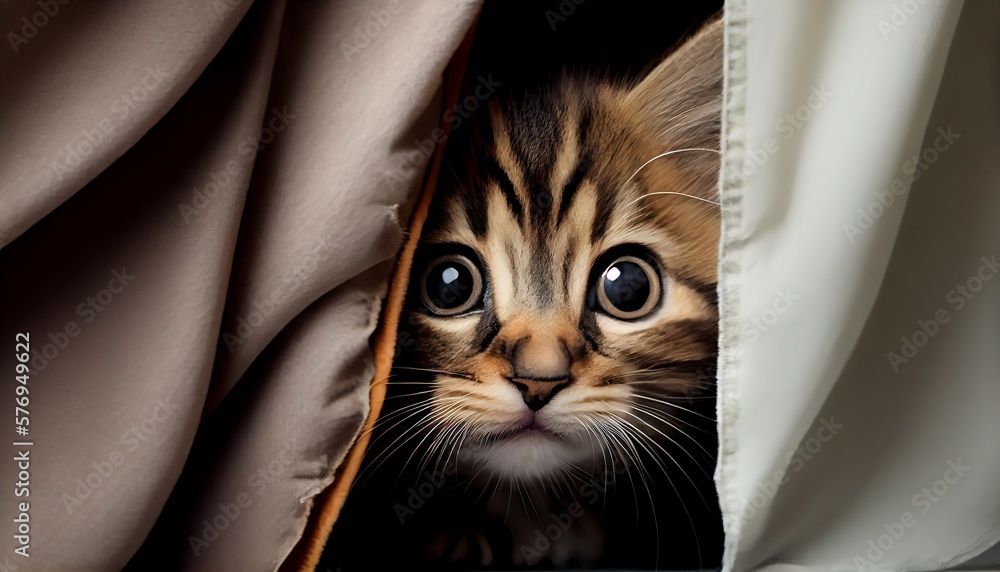 The image features a playful tabby kitten peeking out from behind a ...