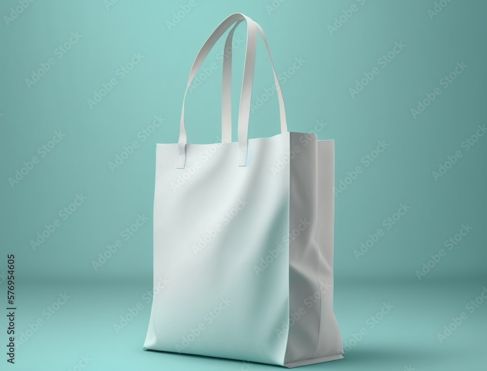 Empty white tote bag mockup isolated on cyan light blue background ...