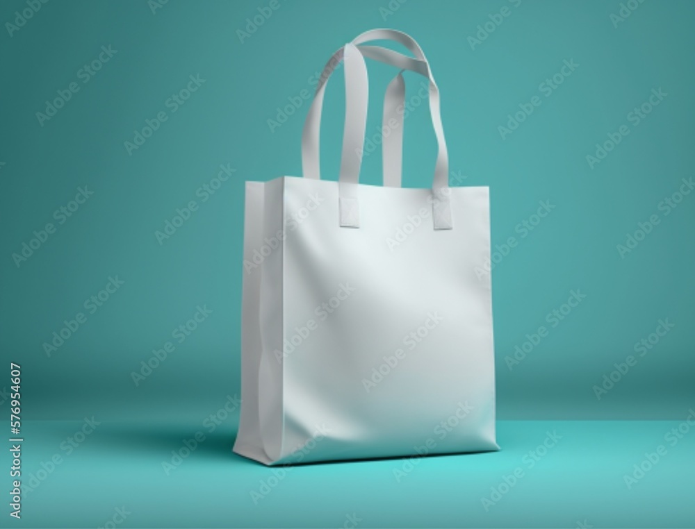 Empty white tote bag mockup isolated on cyan light blue background ...