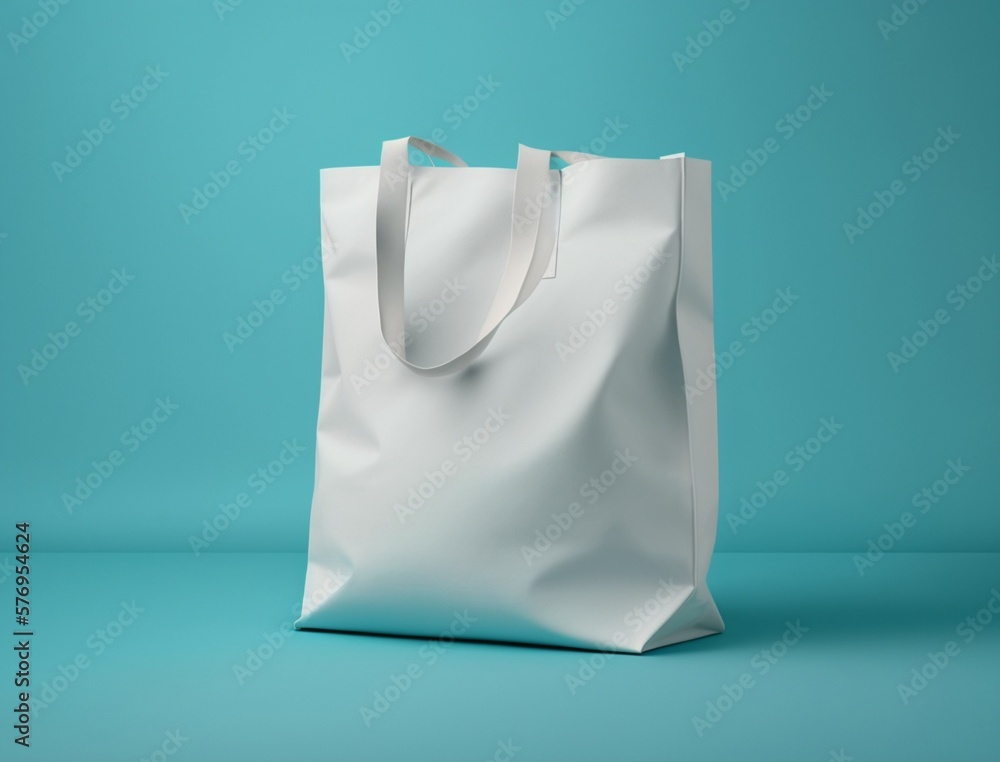 Empty white tote bag mockup isolated on cyan light blue background ...