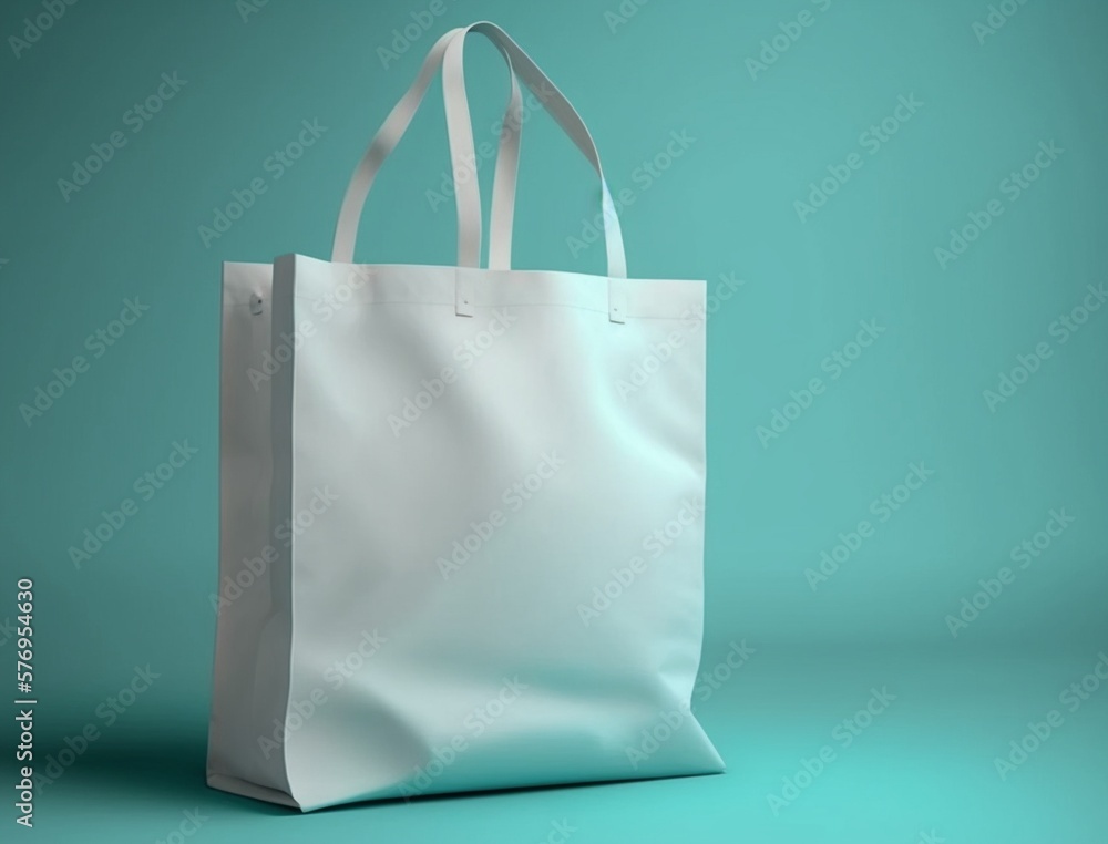 Empty white tote bag mockup isolated on cyan light blue background ...
