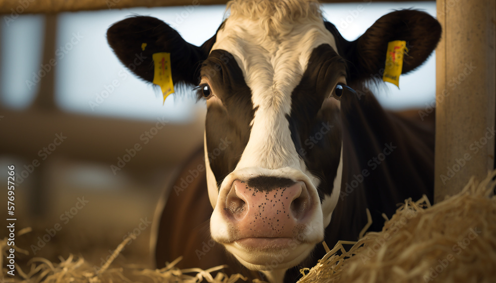 Cow farm, A close-up of a cow's face as it chews on a tuft of hay, with ...