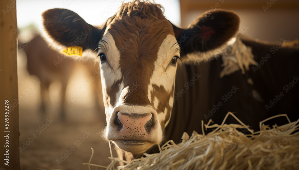 Cow farm, A close-up of a cow's face as it chews on a tuft of hay, with ...
