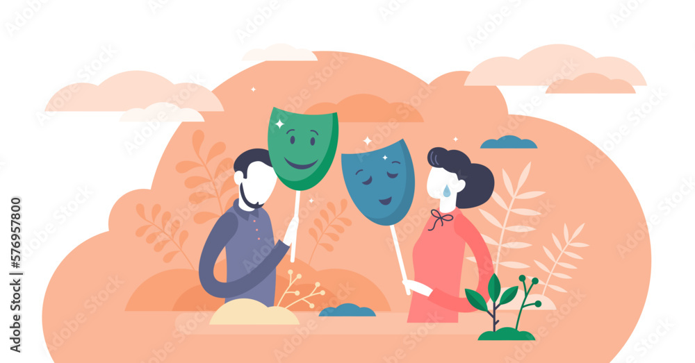 Masking true feelings concept, flat tiny persons couple illustration ...