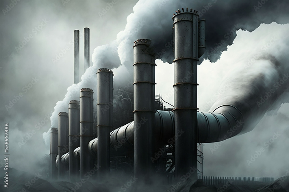 Emission of smoke at factory stations. Pipes in smoke, ecology ...