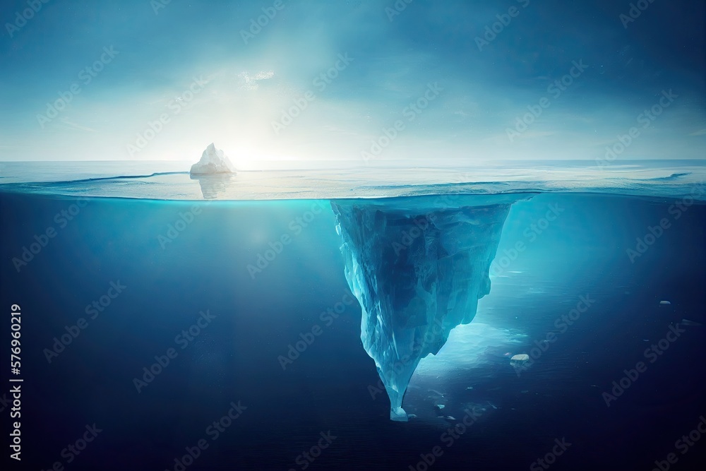 an arctic iceberg floats in clear water, concealing dangerous ...