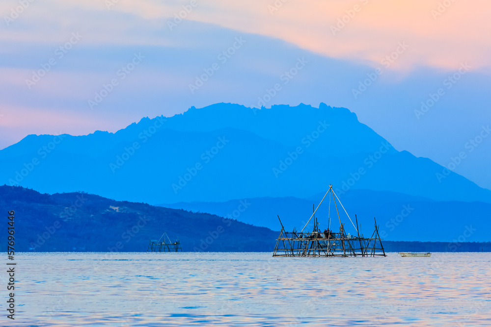 the traditional fishing structure built with bamboo called Bagang ...
