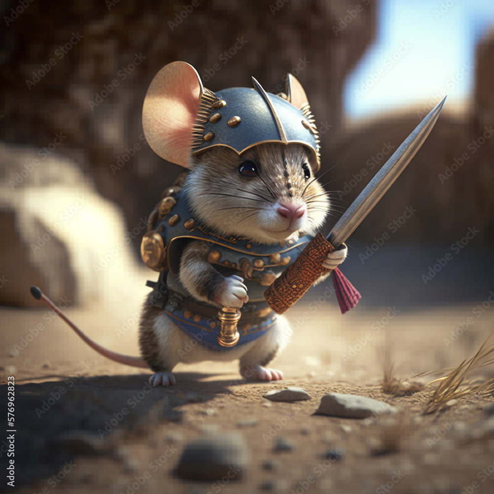 cute little mouse attacks big scary beast. The mouse is holding a spear ...