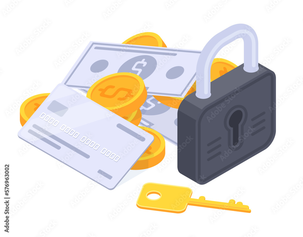 Isometric money security. Dollar bills safe circulation, coins stack ...