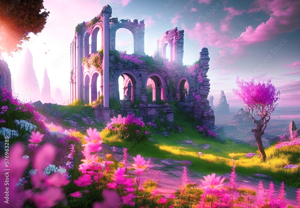 Fantasy elf ruins landscape at the dawn, flower field, big castle ruins ...