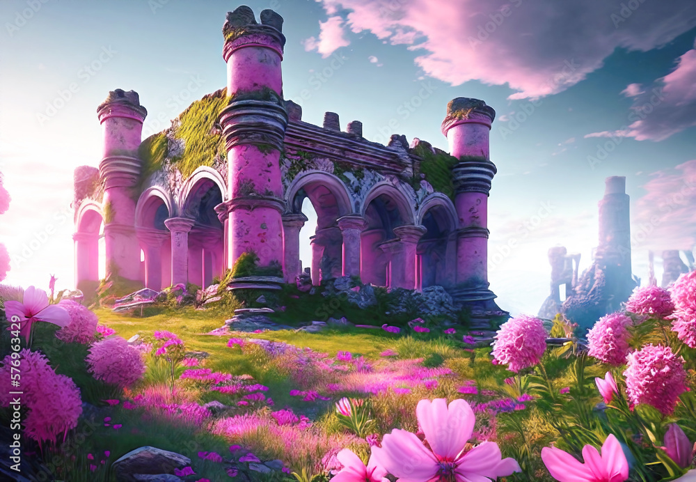Fantasy elf ruins landscape at the dawn, flower field, big castle ruins ...