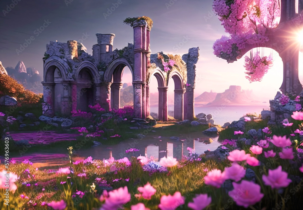 Fantasy elf ruins landscape at the dawn, flower field, big castle ruins ...