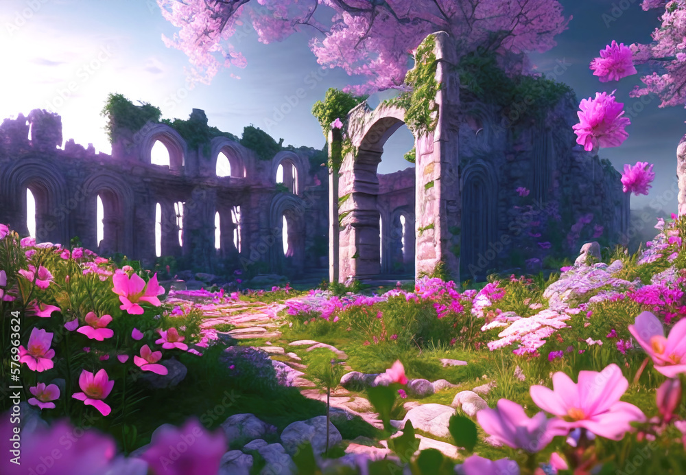 Fantasy elf ruins landscape at the dawn, flower field, big castle ruins ...