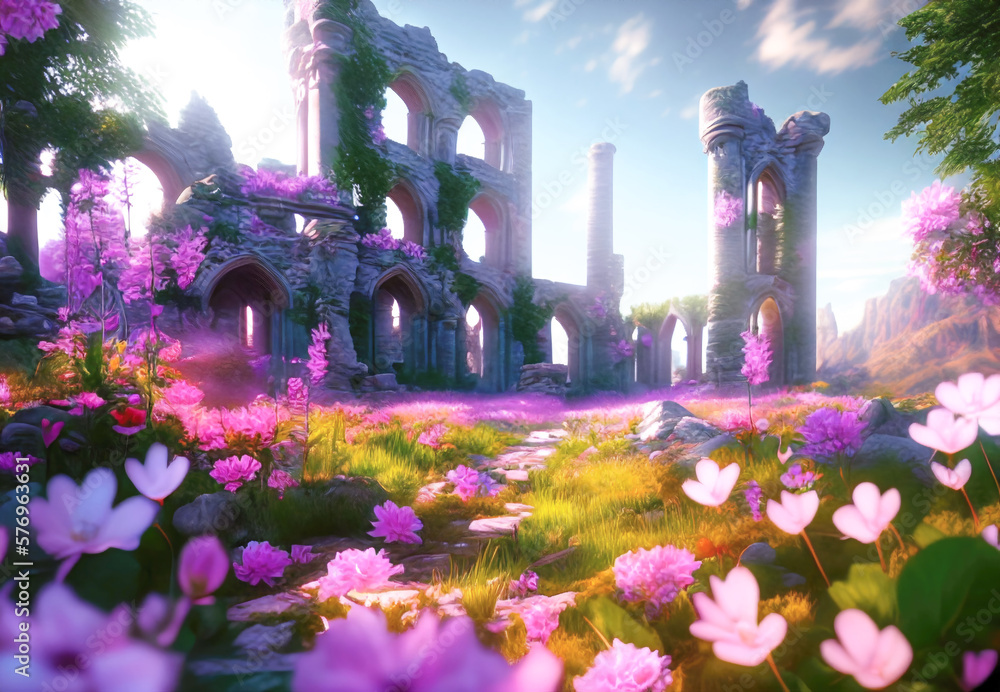 Fantasy elf ruins landscape at the dawn, flower field, big castle ruins ...