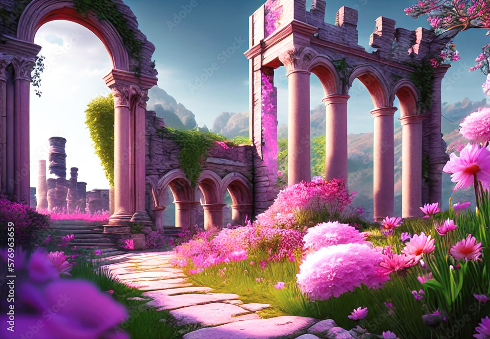 Fantasy elf ruins landscape at the dawn, flower field, big castle ruins ...