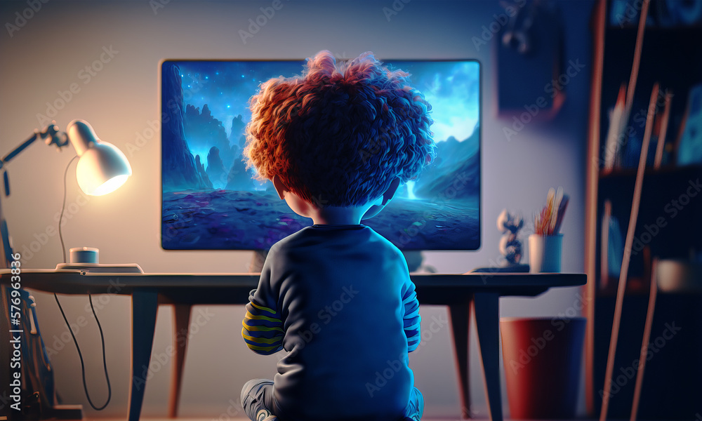 Kid playing video games in his room. Back view of a child sitting in ...