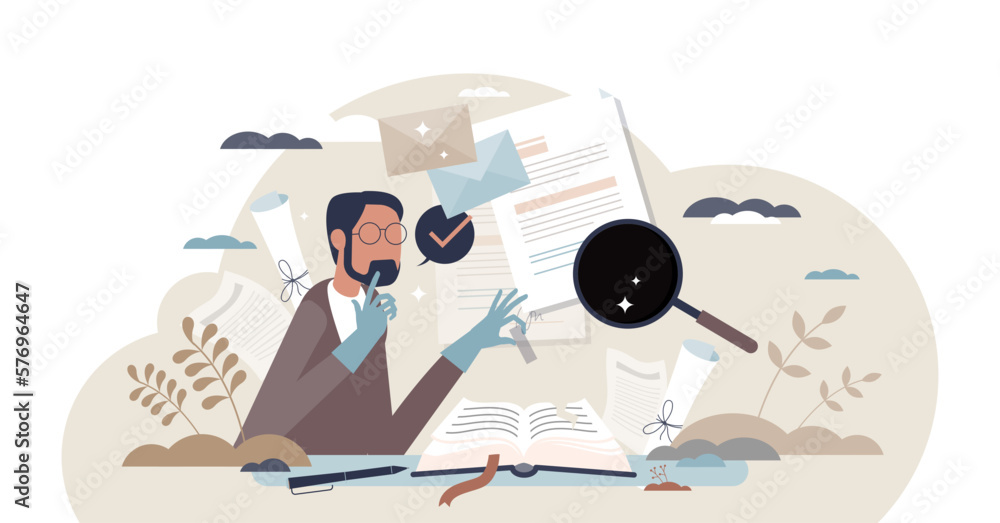 Archivist as old paper books and documents research tiny person concept ...
