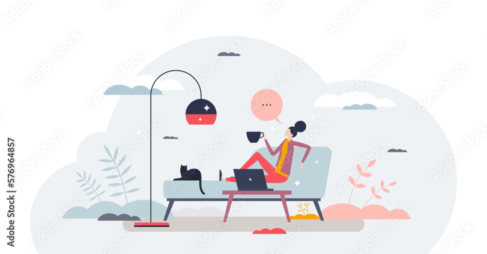 Hybrid workplace with working from home and distant job tiny person ...